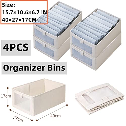 Fordonral 4 Pack Linen Storage Bins, Storage Containers for Organizing Clothing, Jeans, Toys, Books, Shelves, Closet, Wardrobe - Closet Organizers and Storage, Large Storage Boxes Baskets with Window