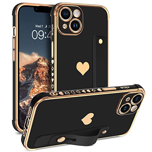 BENTOBEN iPhone 14 Case with Adjustable Wristband Strap, iPhone 14 Case Heart Plated Design Slim Luxury Soft Bumper Shockproof Women Men Girl Protective Case Cover for iPhone 14 6.1 inch,Black/Gold