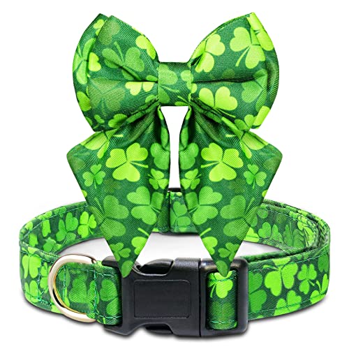 St. Patrick's Dog Collar, Epesiri St Patrick's Day Dog Collar Bow Tie, St. Patrick's Dog Bow Tie Adjustable Four Leaf Clovers, St Patrick's Day Holiday Soft Collar for Dogs Cat Small Medium Large Gift