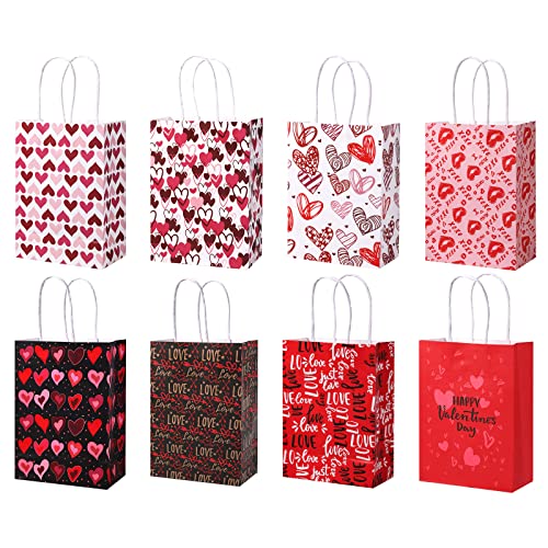 Valentine Day Gift Bags, 16pcs Valentines Paper Bags with Handles Love Heart Patterns Cookie Candy Bags Valentine Day Party Supplies for Kids Classroom Exchange Presents (8 Styles)