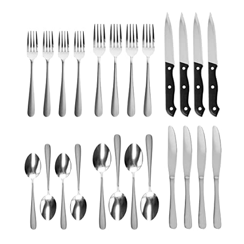 Silverware Set, QOUTIQUE 24 Piece Stainless Steel Flatware, Service for 4 Cutlery Set Utensils, for Home Kitchen Restaurant, Include Knives Spoons Forks Steak Knives, Mirror Polished, Dishwasher Safe