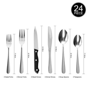 Silverware Set, QOUTIQUE 24 Piece Stainless Steel Flatware, Service for 4 Cutlery Set Utensils, for Home Kitchen Restaurant, Include Knives Spoons Forks Steak Knives, Mirror Polished, Dishwasher Safe