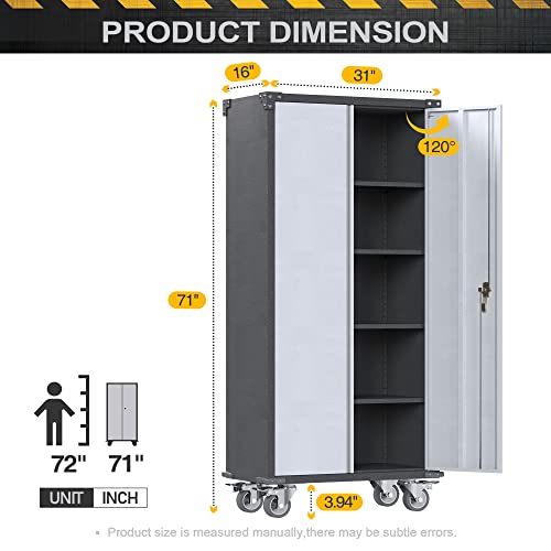 SUXXAN 71" Tall Metal Storage Cabinets with Doors and 4 Adjustable Shelves, Lockable Rolling Cabinet Silver&Black，Home Office Metal Utility Cabinet for Garage Kitchen, Assembly Required…