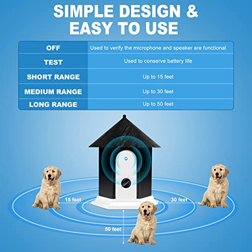 Durable Anti Barking Device, Dog Barking Deterrent with 4 Adjustable Sensitivity & Frequency, Training Tools Up to 50 Ft Range, Outdoor and Weatherproof Birdhouse Dog Barking Control Devices