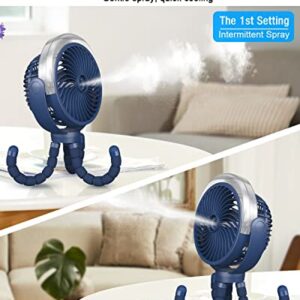 Portable Misting Fan, 6000mAh Stroller Fan with Light & 360° Pivoting Battery Operated Fan, USB Rechargeable Personal Mist Fan with Flexible Tripod for Baby, Office, Travel,Crib,Treadmill,Outdoors