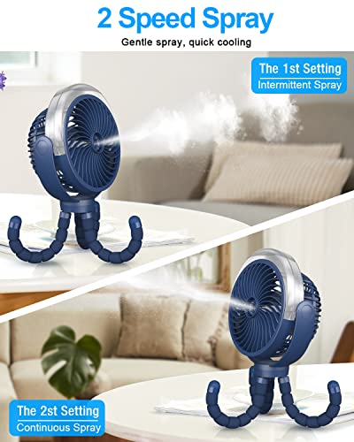 Portable Misting Fan, 6000mAh Stroller Fan with Light & 360° Pivoting Battery Operated Fan, USB Rechargeable Personal Mist Fan with Flexible Tripod for Baby, Office, Travel,Crib,Treadmill,Outdoors