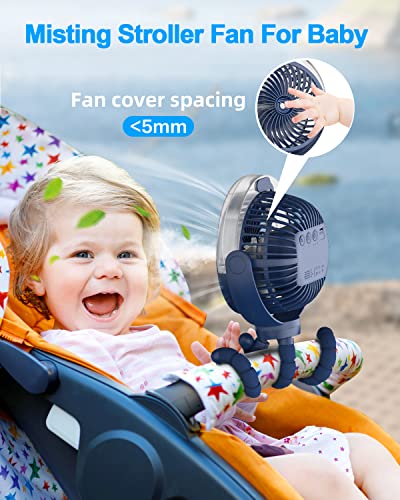 Portable Misting Fan, 6000mAh Stroller Fan with Light & 360° Pivoting Battery Operated Fan, USB Rechargeable Personal Mist Fan with Flexible Tripod for Baby, Office, Travel,Crib,Treadmill,Outdoors