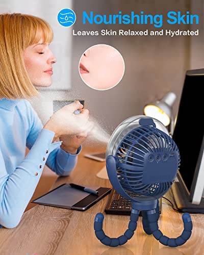 Portable Misting Fan, 6000mAh Stroller Fan with Light & 360° Pivoting Battery Operated Fan, USB Rechargeable Personal Mist Fan with Flexible Tripod for Baby, Office, Travel,Crib,Treadmill,Outdoors