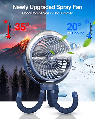 Portable Misting Fan, 6000mAh Stroller Fan with Light & 360° Pivoting Battery Operated Fan, USB Rechargeable Personal Mist Fan with Flexible Tripod for Baby, Office, Travel,Crib,Treadmill,Outdoors