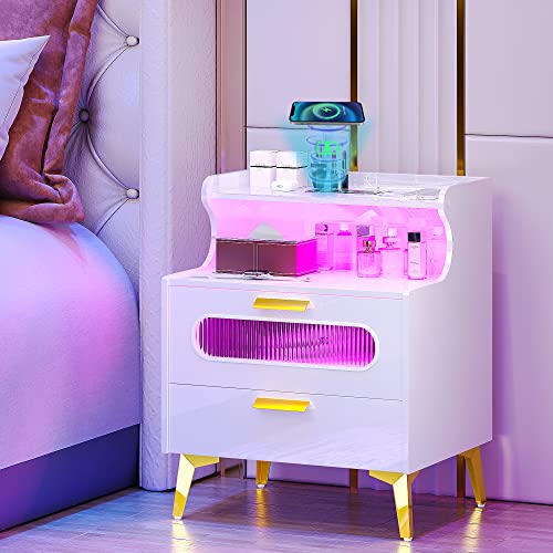 Dystler Nightstand with Wireless Charging Station RGB Smart Night Stand with Human Sensor Design Bedside Table with 2 Drawers LED Modern end Table for Bedroom Livingroom, White