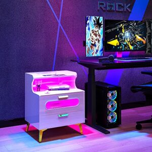 Dystler Nightstand with Wireless Charging Station RGB Smart Night Stand with Human Sensor Design Bedside Table with 2 Drawers LED Modern end Table for Bedroom Livingroom, White