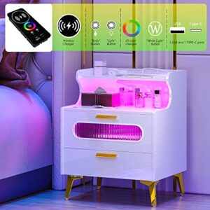 Dystler Nightstand with Wireless Charging Station RGB Smart Night Stand with Human Sensor Design Bedside Table with 2 Drawers LED Modern end Table for Bedroom Livingroom, White