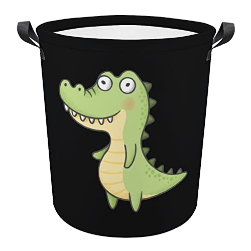 Cute Alligator Round Laundry Hamper Collapsible Waterproof Dirty Clothes Baskets with Handles Washing Bin Storage Bag