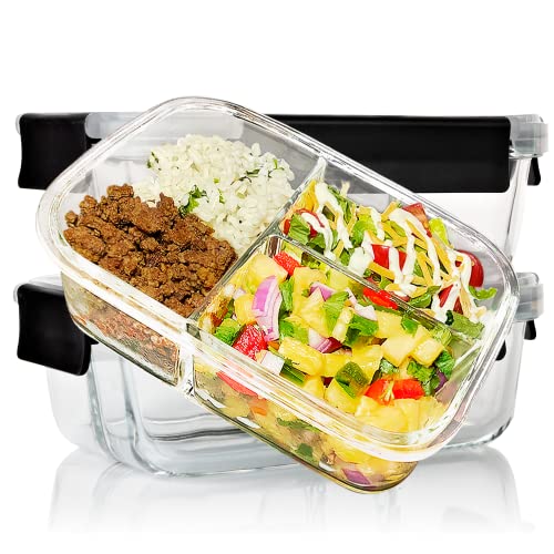 [1 Pack] Meal Prep Containers with Lids - Reusable Glass Food Prep Containers - 3 Compartment