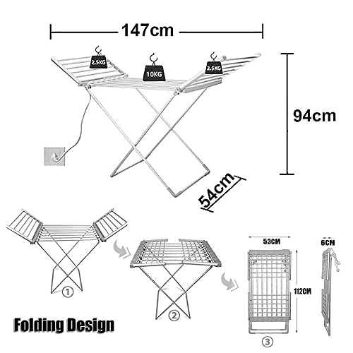 ERUSO Clothes Airer 20 Bars Winged Electric Heated Clothes Airer, Folding Laundry Drying Rack Heating Hanger, Saves Energy, for Clothing, Bedding, Towels