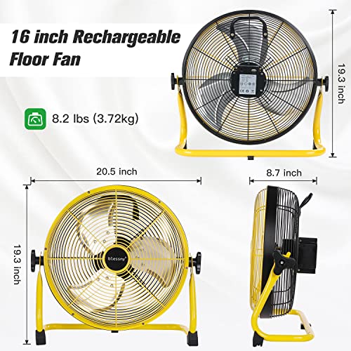 blessny 16'' Portable Rechargeable Floor Fan, 20000mAh Cordless Battery Operated Fan for Outdoor Camping BBQ Fishing, 2500CFM High Air-flow 40dB low Noise, 4-30 Hours Long Running Time