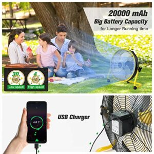 blessny 16'' Portable Rechargeable Floor Fan, 20000mAh Cordless Battery Operated Fan for Outdoor Camping BBQ Fishing, 2500CFM High Air-flow 40dB low Noise, 4-30 Hours Long Running Time