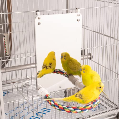 Barn Eleven Bird Mirror with Rope Perch Cockatiel Stainless Steel Mirror Parrot Swing Toys Parrot Cage Toys for Parakeet Cockatoo Cockatiel Conure Lovebirds Finch Canaries (Small)