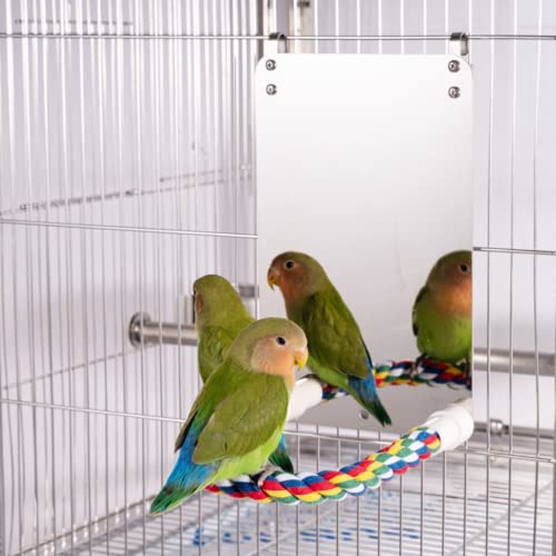 Barn Eleven Bird Mirror with Rope Perch Cockatiel Stainless Steel Mirror Parrot Swing Toys Parrot Cage Toys for Parakeet Cockatoo Cockatiel Conure Lovebirds Finch Canaries (Small)