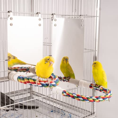 Barn Eleven Bird Mirror with Rope Perch Cockatiel Stainless Steel Mirror Parrot Swing Toys Parrot Cage Toys for Parakeet Cockatoo Cockatiel Conure Lovebirds Finch Canaries (Small)