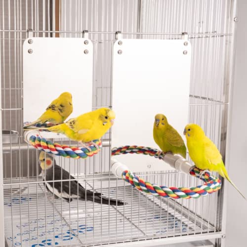 Barn Eleven Bird Mirror with Rope Perch Cockatiel Stainless Steel Mirror Parrot Swing Toys Parrot Cage Toys for Parakeet Cockatoo Cockatiel Conure Lovebirds Finch Canaries (Small)