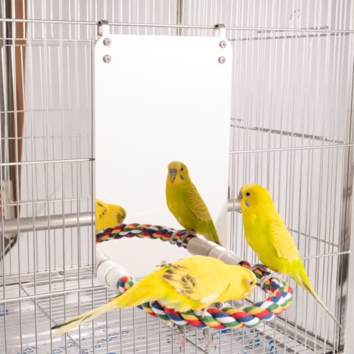 Barn Eleven Bird Mirror with Rope Perch Cockatiel Stainless Steel Mirror Parrot Swing Toys Parrot Cage Toys for Parakeet Cockatoo Cockatiel Conure Lovebirds Finch Canaries (Small)