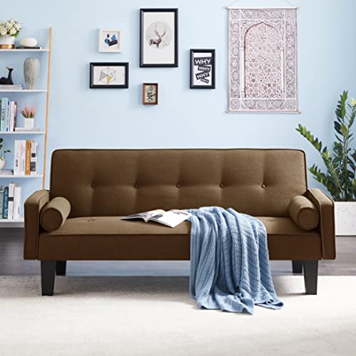 EMKK Love Seat Sofa,Modern Loveseats Adjustable SofaBed Sleeper, Button Tufted Upholstered Accent Recliner with 2 Pillows, Couch for Living Room Bedroom Home/Apartment, Brown