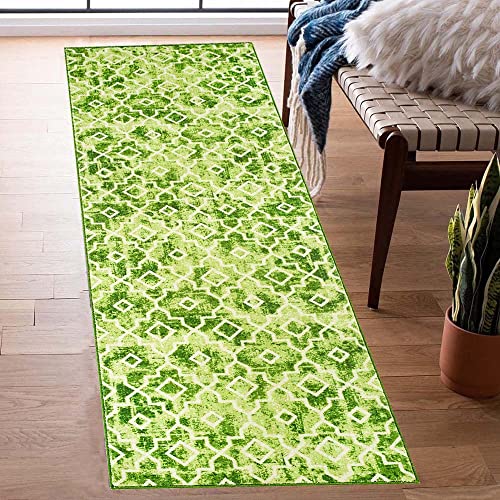 Moroccan Runner Rug,2'X 6' Distressed Washable Area Rug Green Non-Slip Kitchen Mat Faux Wool Low-Pile Floor Carpet for Kitchen Laundry Bedroom Bathroom Living Room