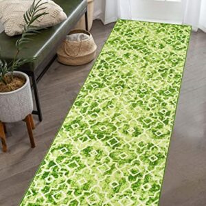 Moroccan Runner Rug,2'X 6' Distressed Washable Area Rug Green Non-Slip Kitchen Mat Faux Wool Low-Pile Floor Carpet for Kitchen Laundry Bedroom Bathroom Living Room