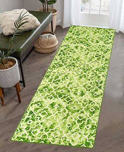 Moroccan Runner Rug,2'X 6' Distressed Washable Area Rug Green Non-Slip Kitchen Mat Faux Wool Low-Pile Floor Carpet for Kitchen Laundry Bedroom Bathroom Living Room