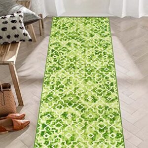 Moroccan Runner Rug,2'X 6' Distressed Washable Area Rug Green Non-Slip Kitchen Mat Faux Wool Low-Pile Floor Carpet for Kitchen Laundry Bedroom Bathroom Living Room