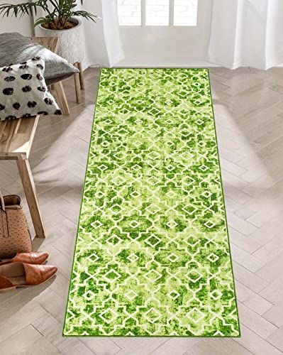 Moroccan Runner Rug,2'X 6' Distressed Washable Area Rug Green Non-Slip Kitchen Mat Faux Wool Low-Pile Floor Carpet for Kitchen Laundry Bedroom Bathroom Living Room