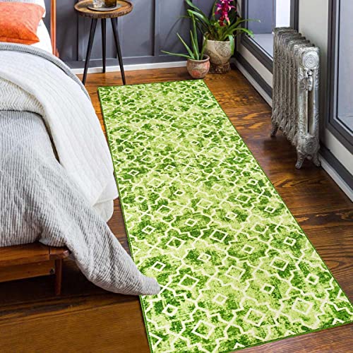 Moroccan Runner Rug,2'X 6' Distressed Washable Area Rug Green Non-Slip Kitchen Mat Faux Wool Low-Pile Floor Carpet for Kitchen Laundry Bedroom Bathroom Living Room