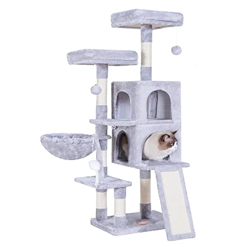 Heybly Cat Tree Cat Tower for Indoor Cats, Multi-Level Cat Furniture Condo with Scratching Board, Light Gray HCT012W