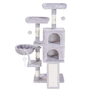 Heybly Cat Tree Cat Tower for Indoor Cats, Multi-Level Cat Furniture Condo with Scratching Board, Light Gray HCT012W