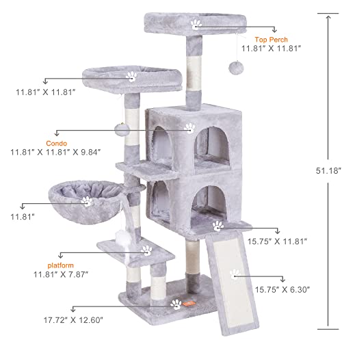 Heybly Cat Tree Cat Tower for Indoor Cats, Multi-Level Cat Furniture Condo with Scratching Board, Light Gray HCT012W