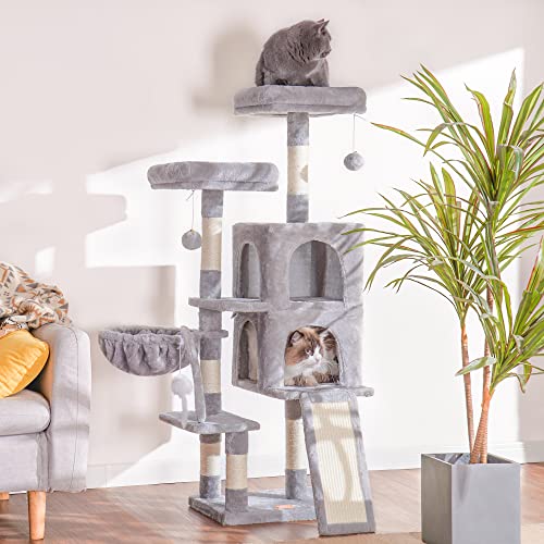 Heybly Cat Tree Cat Tower for Indoor Cats, Multi-Level Cat Furniture Condo with Scratching Board, Light Gray HCT012W