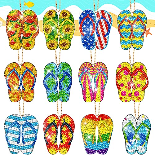 12 PCS Flip Flop Diamond Painting Keychains 5D Diamond Art Key Rings Double Sided Full Drill DIY Ornaments for Beginners Home Decor Summer Party Supplies