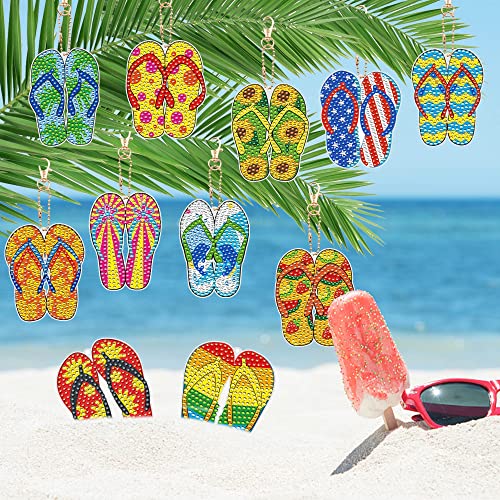 12 PCS Flip Flop Diamond Painting Keychains 5D Diamond Art Key Rings Double Sided Full Drill DIY Ornaments for Beginners Home Decor Summer Party Supplies