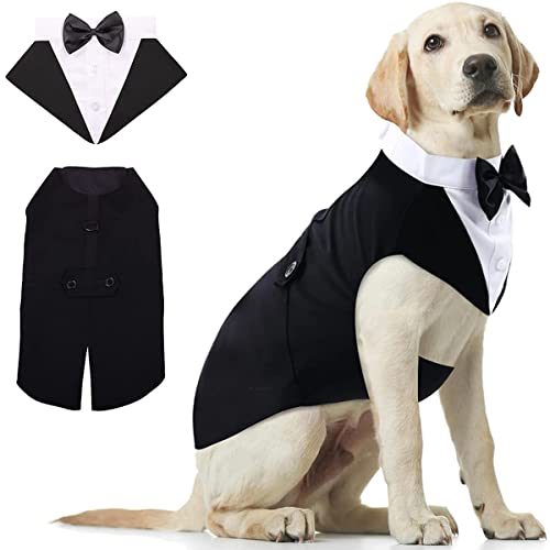 Dog Tuxedo and Bandana Set, 2 Pack Pet Costume Puppy Formal Party Suit, Dog Clothes for Small Medium Large Dogs, Dog Prince Bow Tie Shirt Dog Wedding Attire for Golden Retriever Samo Bulldogs (L)