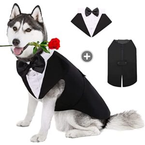 Dog Tuxedo and Bandana Set, 2 Pack Pet Costume Puppy Formal Party Suit, Dog Clothes for Small Medium Large Dogs, Dog Prince Bow Tie Shirt Dog Wedding Attire for Golden Retriever Samo Bulldogs (L)