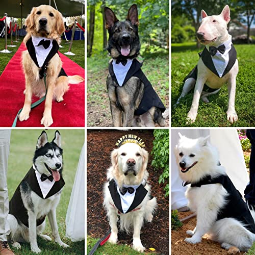 Dog Tuxedo and Bandana Set, 2 Pack Pet Costume Puppy Formal Party Suit, Dog Clothes for Small Medium Large Dogs, Dog Prince Bow Tie Shirt Dog Wedding Attire for Golden Retriever Samo Bulldogs (L)