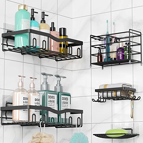 Teliaoils UpCircleSeven 5 Pack Shower Caddy, Strong Adhesive Shower Organizer Shelf with Hooks. Rustproof Wall-Mounted Shelves for Kitchen, Dorm and Bathroom Organizer. No Drilling (Black)