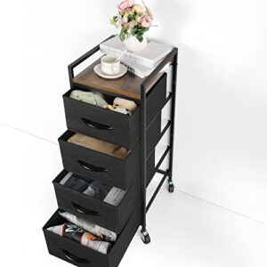 Fabric Dresser for Bedroom Vertical Dresser Storage Tower Nightstands Dresser with 4 Drawers Organizer Unit for Hallway Entryway Living Room Closets with Wood Top (Black)