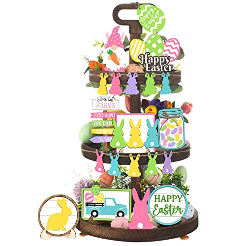 20 Pieces Easter Tiered Tray Decor Easter Decorations Rustic Easter Decor Gnome Bunny Rabbits Eggs Wooden Spring Sign Decorative Trays Signs for Home Table Office Kitchen Farmhouse Party Tabletop