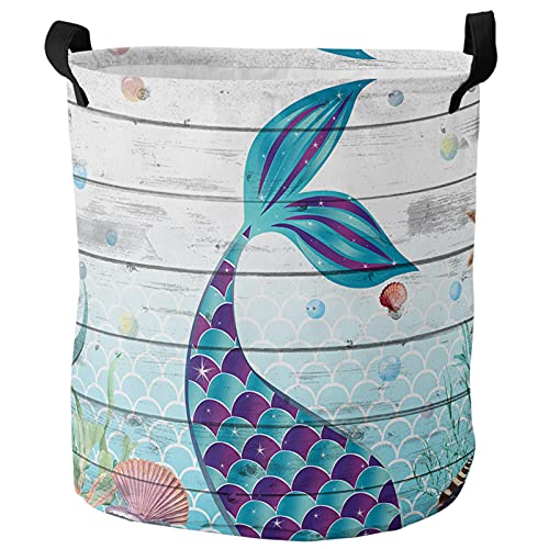 Oxford Fabric Storage Bin Ocean Mermaid Shell Starfish Wooden Krisyeol Waterproof Collapsible Laundry Basket Dirty Clothes Hamper with Handles Storage Baskets Organizer 17x16.5