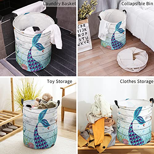 Oxford Fabric Storage Bin Ocean Mermaid Shell Starfish Wooden Krisyeol Waterproof Collapsible Laundry Basket Dirty Clothes Hamper with Handles Storage Baskets Organizer 17x16.5