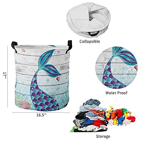 Oxford Fabric Storage Bin Ocean Mermaid Shell Starfish Wooden Krisyeol Waterproof Collapsible Laundry Basket Dirty Clothes Hamper with Handles Storage Baskets Organizer 17x16.5