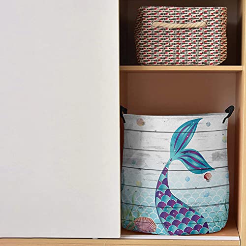 Oxford Fabric Storage Bin Ocean Mermaid Shell Starfish Wooden Krisyeol Waterproof Collapsible Laundry Basket Dirty Clothes Hamper with Handles Storage Baskets Organizer 17x16.5