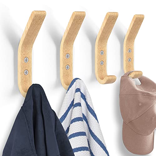 EEEKit 4 Pack Wood Wall Hooks, Natural Wooden Coat Hooks Wall Mounted Heavy Duty Vintage Wooden Entryway Hooks for Wall Hanging Coats Hat Towels Keys Clothes